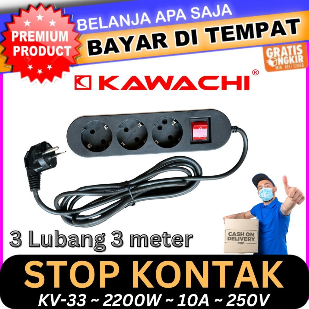 Jual Kawachi Stop Kontak 3 Colokan 3 Meter / 5 meter Cok Sambung 3 ...