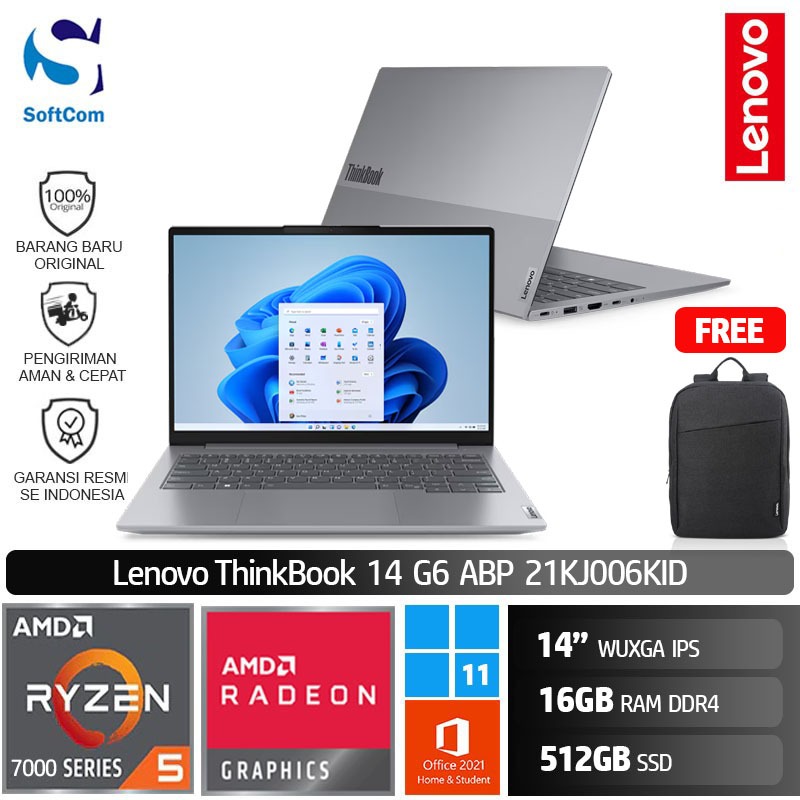 Jual LENOVO ThinkBook 14 G6 ABP 6KID R5 7530U/8GB/512GB SSD/14" WUXGA/W11+OHS | Shopee Indonesia