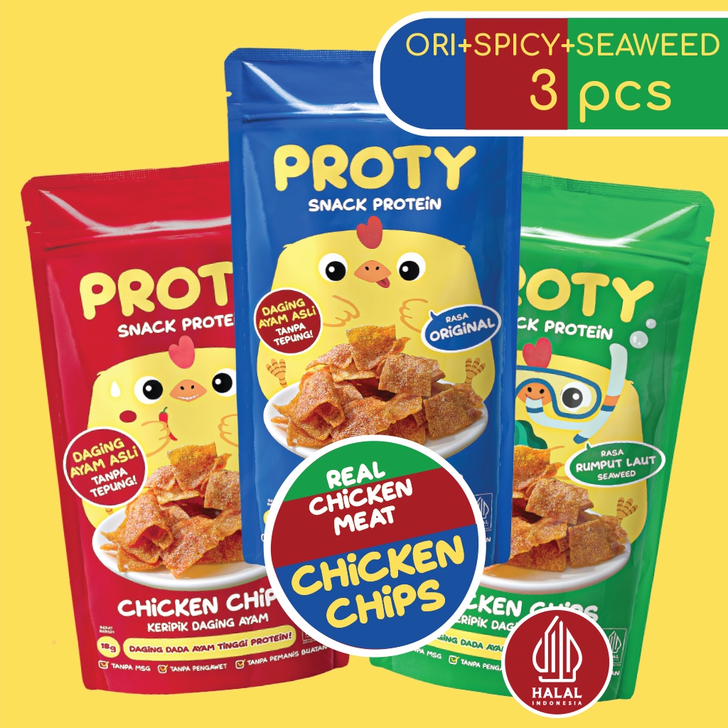 Jual PROTY Snack Protein Chicken Chips Ori(1 pcs)+Pedas(1 pcs ...