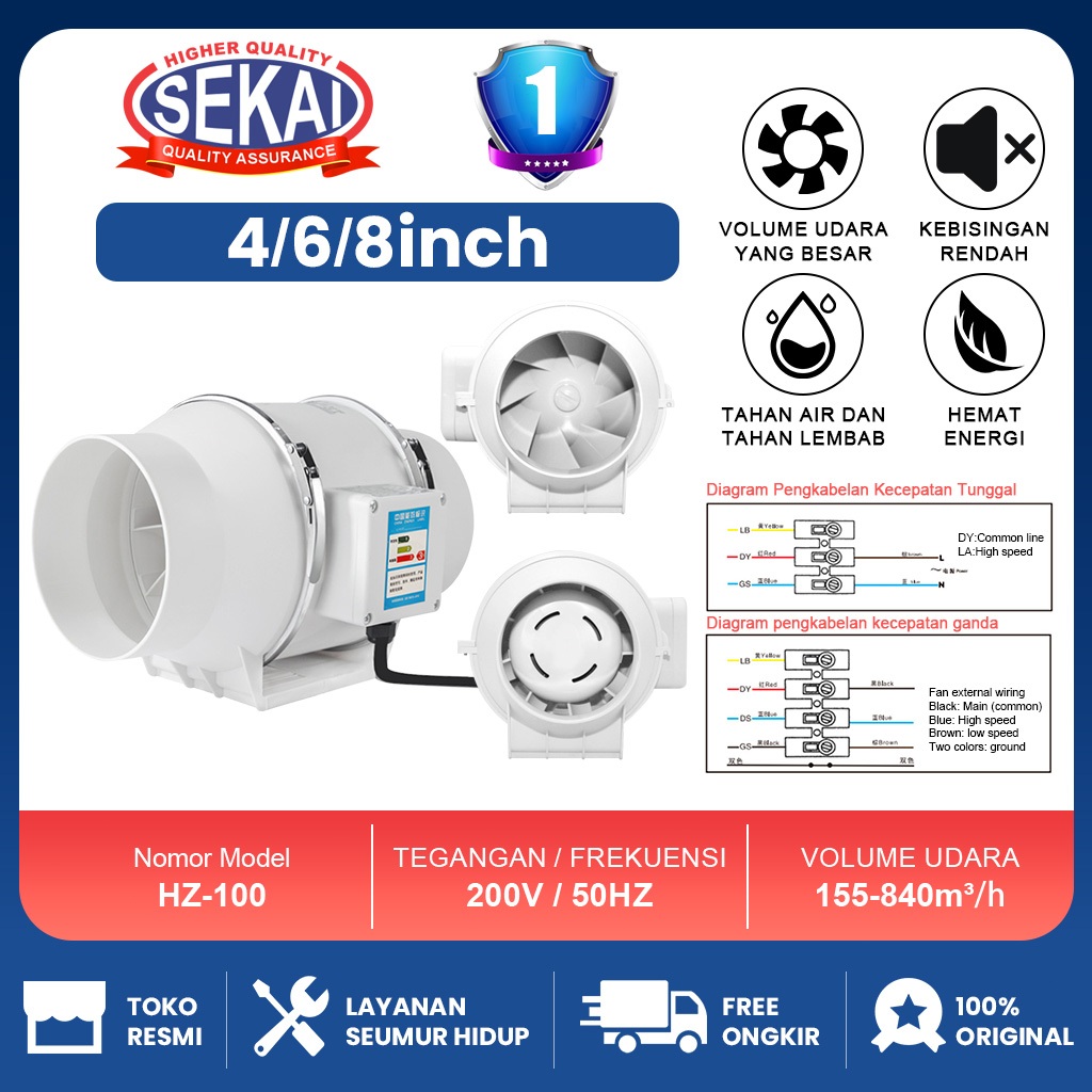 Jual SEKAl 4/6/8‘’ Exhaust Fan Plafon 220V Blower Kipas Inline Duct Fan ...