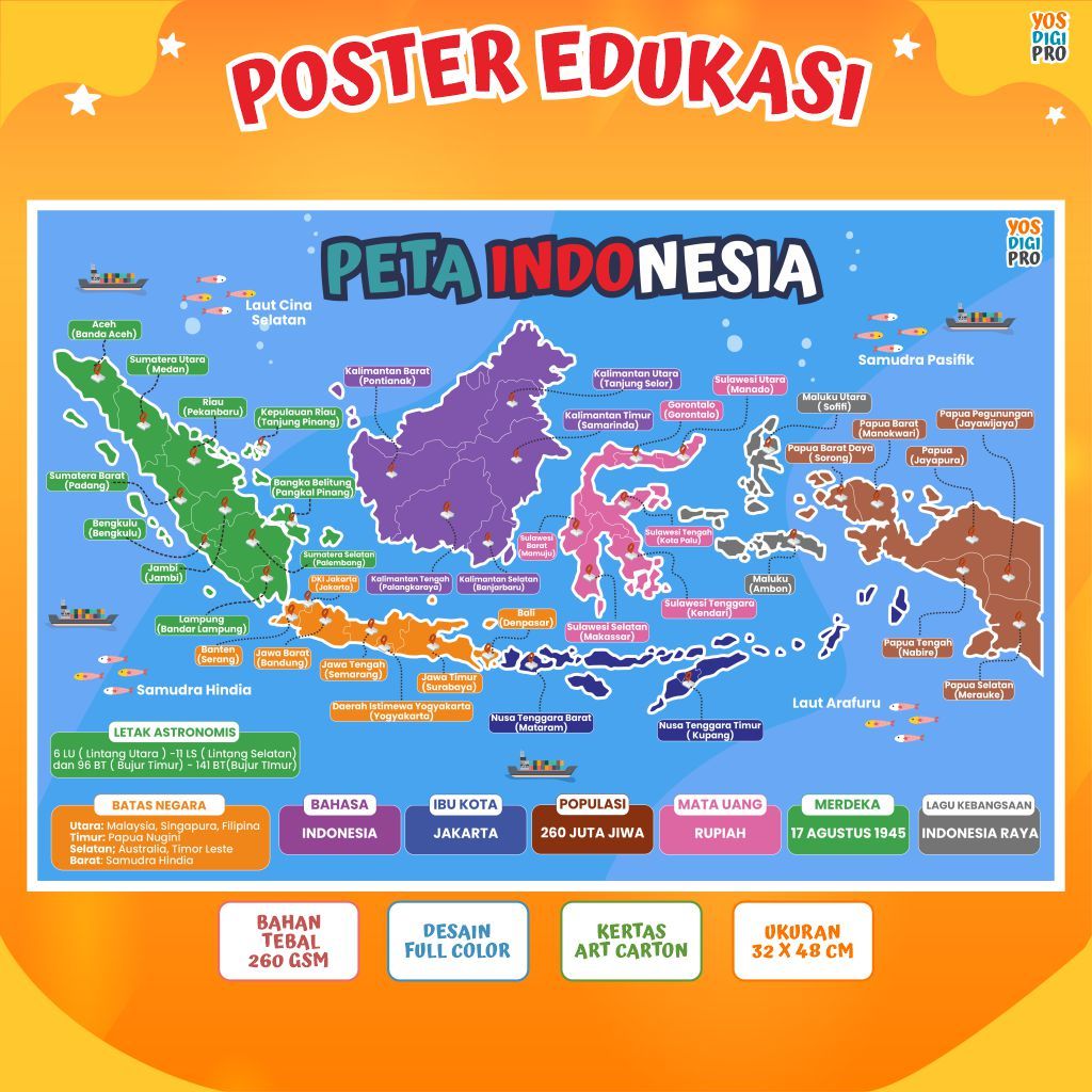 Jual Poster Edukasi Anak Belajar Peta Indonesia, Desain Menarik full ...