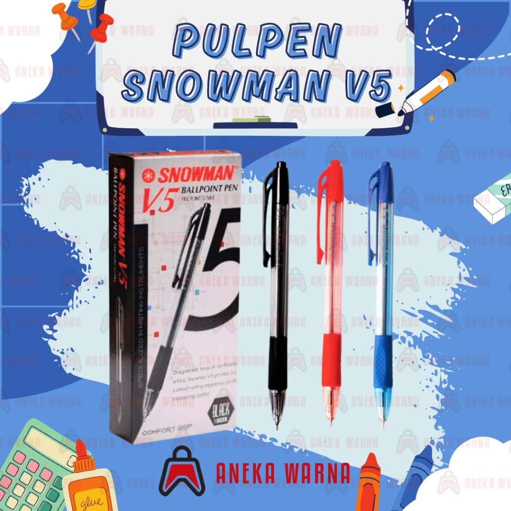 Jual PULPEN/PEN/BALLPOINT | SNOWMAN V5 | WARNA HITAM BIRU MERAH (PACK ...