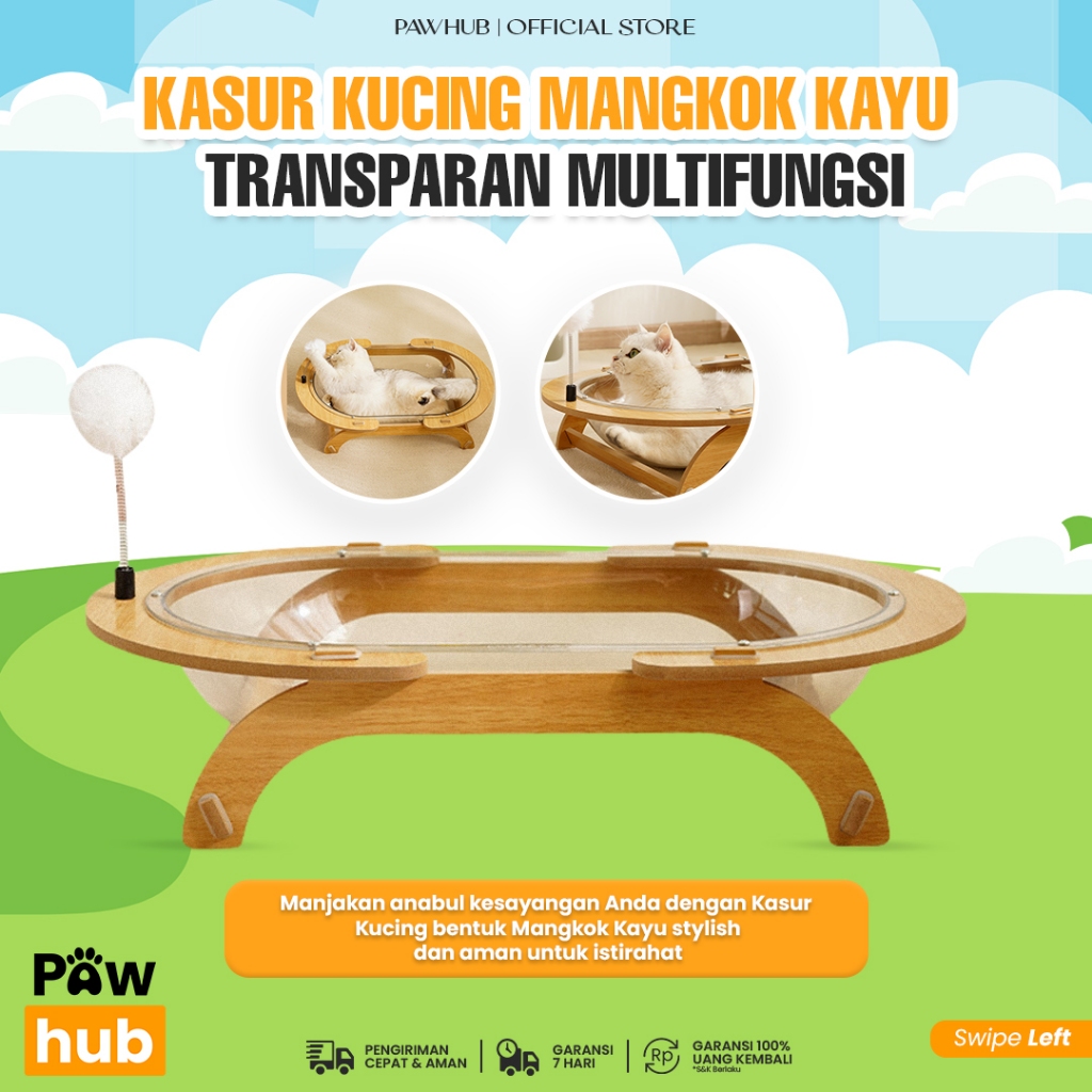 Jual PAWHUB Premium Kasur Kucing Mangkok Kayu Transparan Multifungsi dengan Mainan / Transparent ...