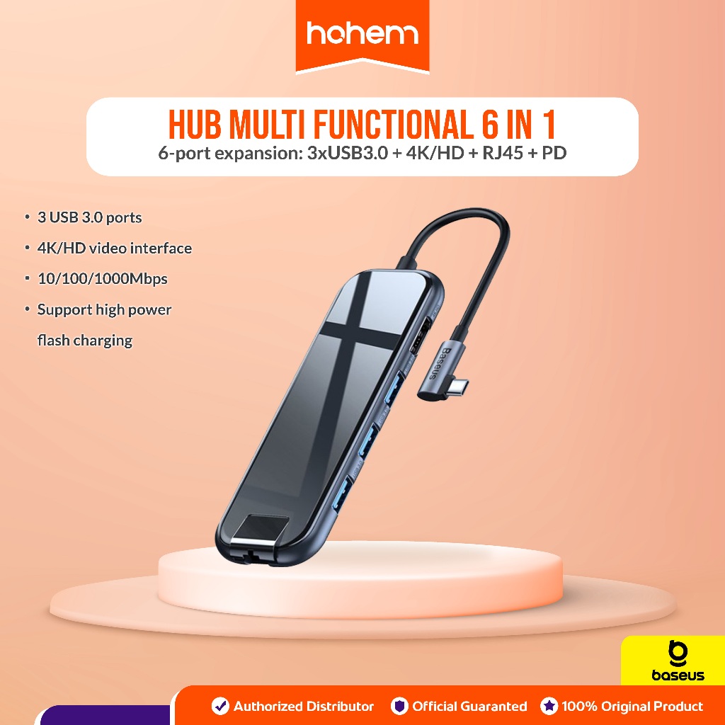 Jual Baseus HUB Multi Functional 6 in 1 Type C to 3 USB 3.0 Port HD 4K ...