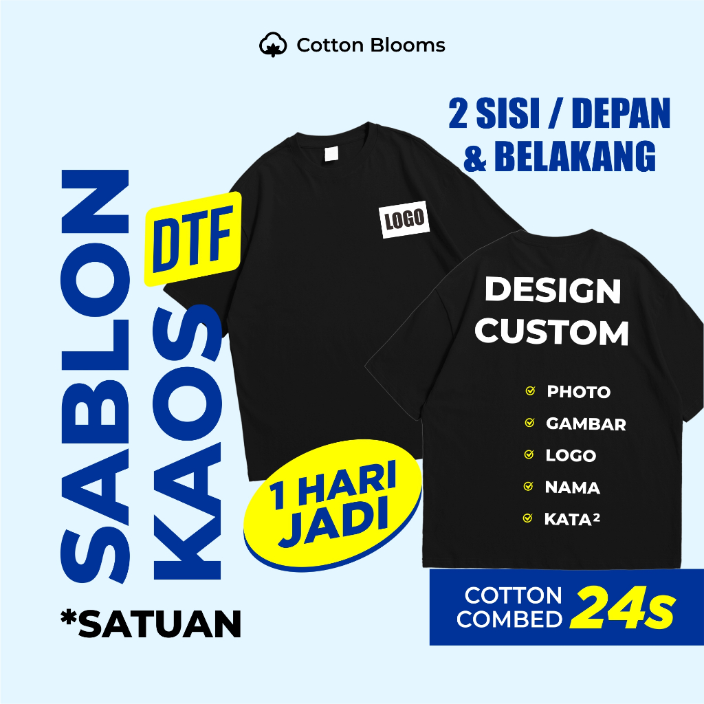 Jual [ 1 HARI JADI ] Kaos Custom 2 sisi satuan Oversize sablon DTF baju kastem depan belakang ...