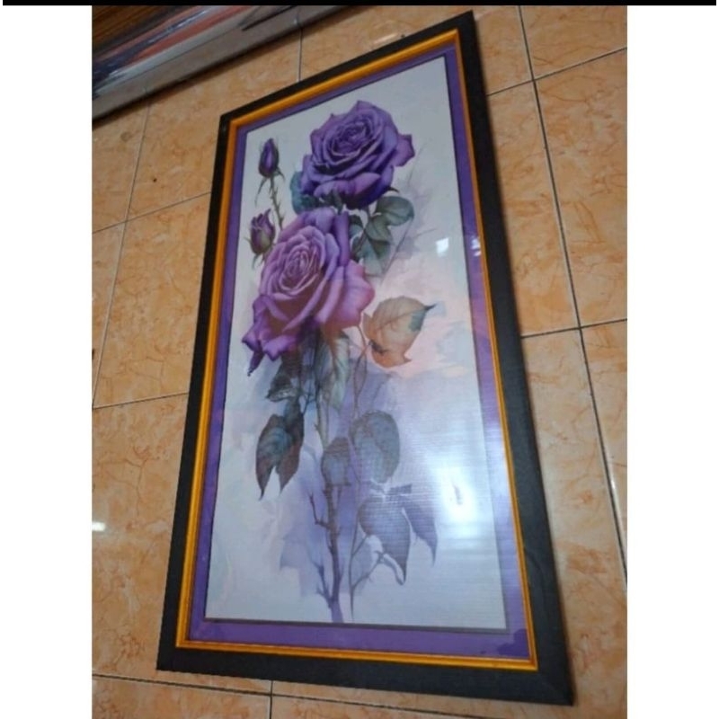 Jual Hiasan dinding cetak gambar plus bingkai bunga mawar ungu ukuran ...