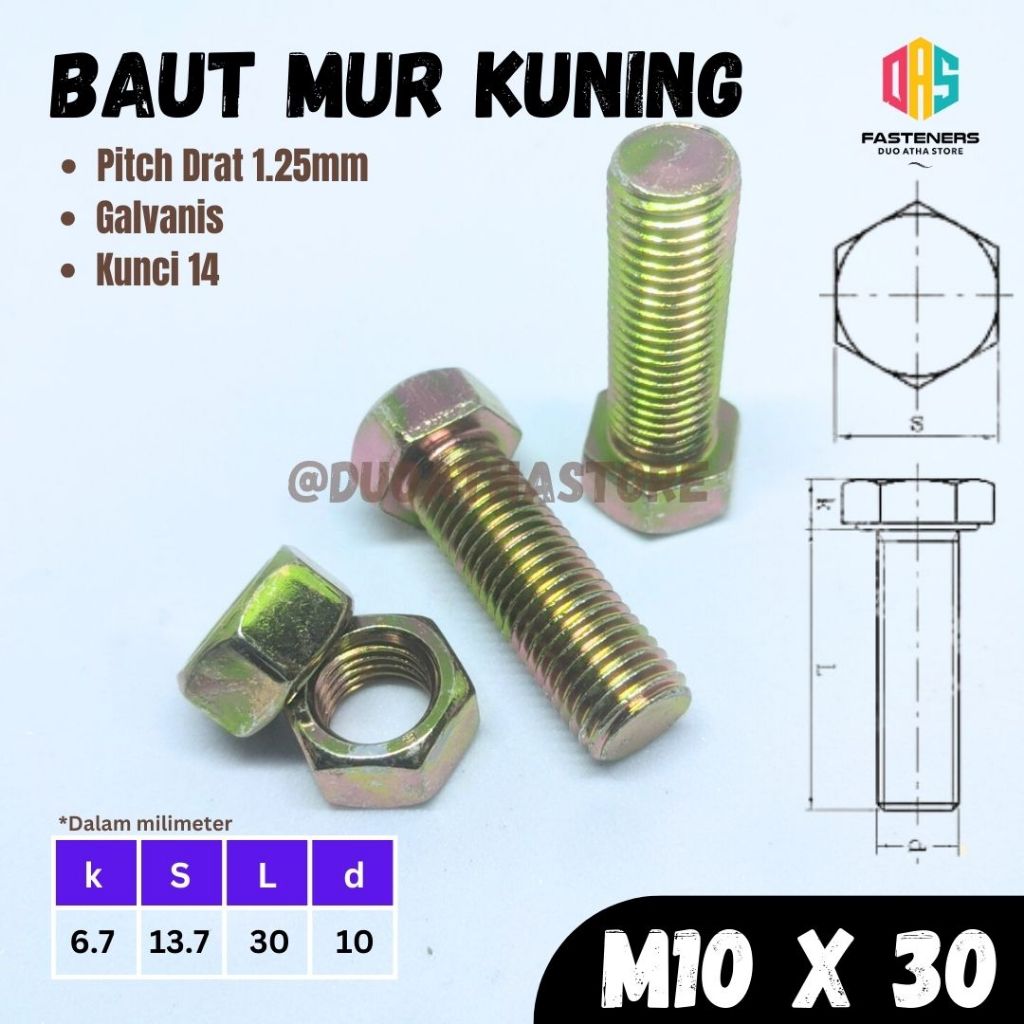 Jual Baut Mur Kuning M10x30 / BMK M10 x 30 Kunci 14 Full Drat | Shopee Indonesia