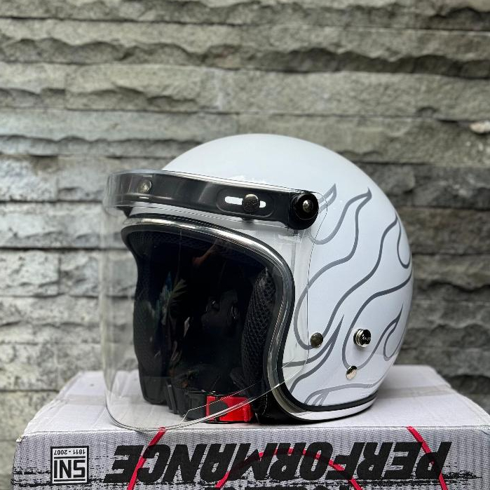Jual Helm Vespa Bogo SNI Custom Api White Flame List Chrome | Shopee ...