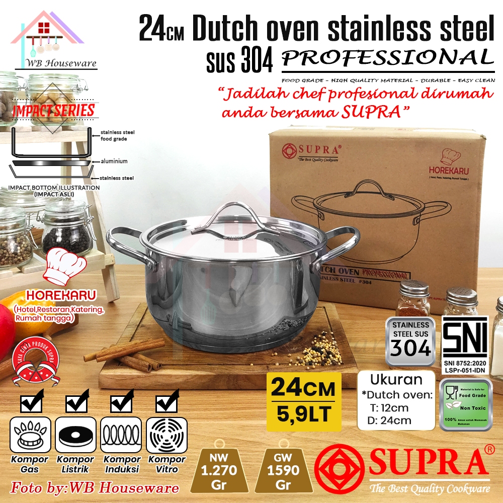 Jual SUPRA panci dutch oven 24cm stainless steel SUS 304 impact bottom ...