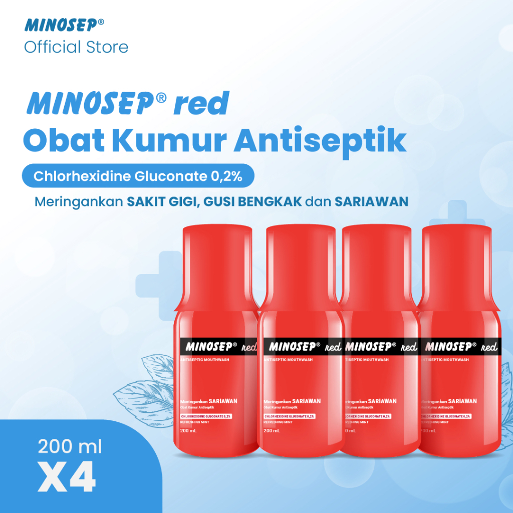 Jual Minosep RED Obat Kumur Antiseptik 200ml 4botol Sakit Gigi Sariawan ...
