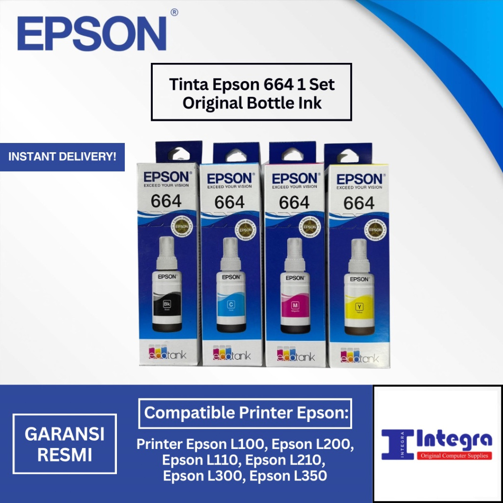 Jual Tinta Epson 1 Set 664 ( Bk, C, M, Y ) Original Printer Ink Epson L100 L120 L121 L1300 ...