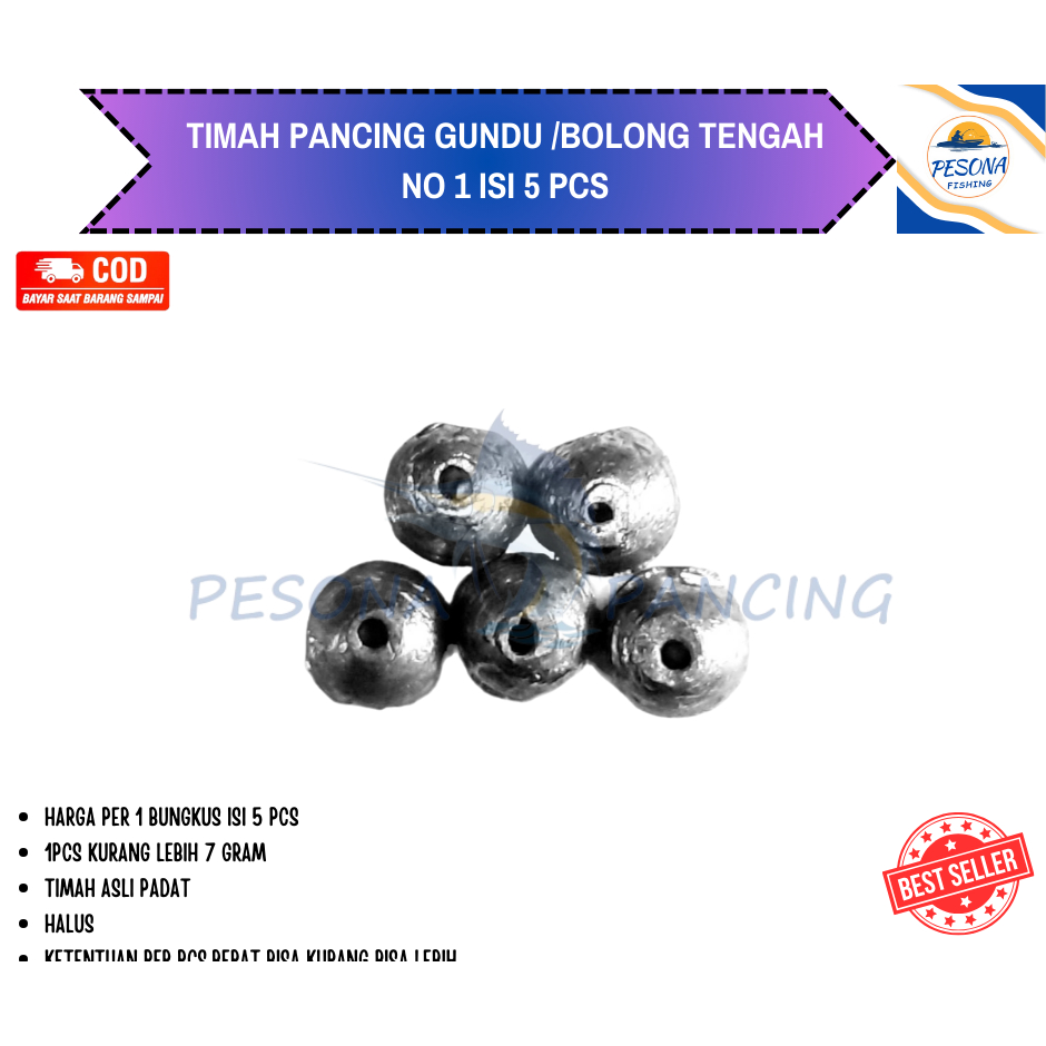 Jual Timah Pancing Gundu Atau Bolong Tengah No1 ukuran 7 gram isi 5 pcs ...