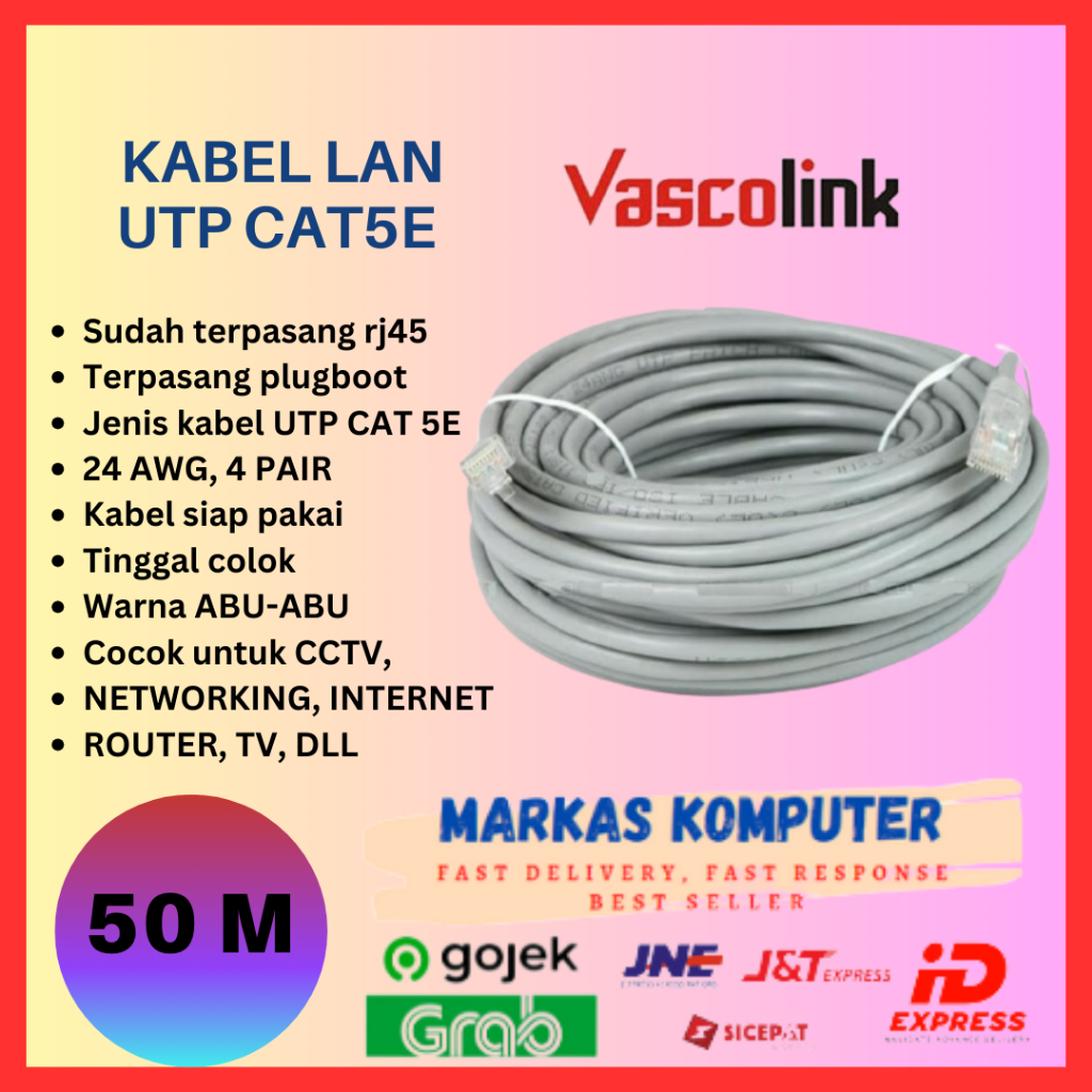 Jual Kabel LAN 50M UTP RJ45 Cat5E ORIGINAL VASCOLINK 50 Meter CAT5e ...