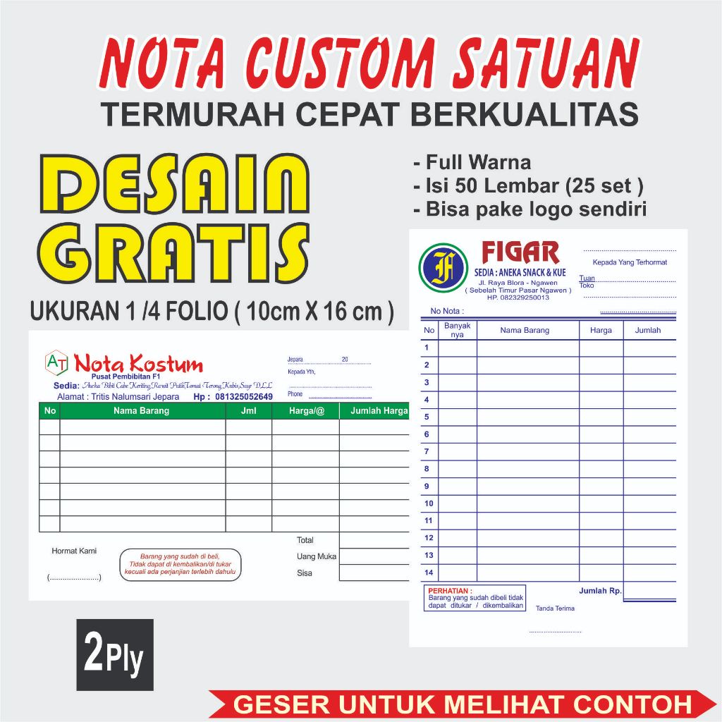 Jual CETAK NOTA CUSTOM SATUAN MURAH 2PLY UKURAN 1/4 FOLIO / NOTA OLSHOP ...