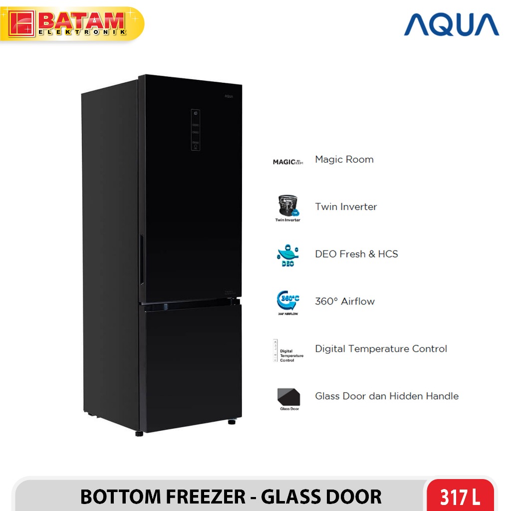 Jual AQUA KULKAS BOTTOM FREEZER 2 PINTU (GLASS DOOR) AQR-320RBG(BK ...