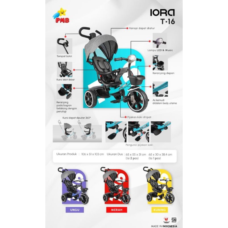 Jual T-16/[New]Sepeda Roda Tiga PMB Iora T16/Sepeda Stroller Anak PMB ...