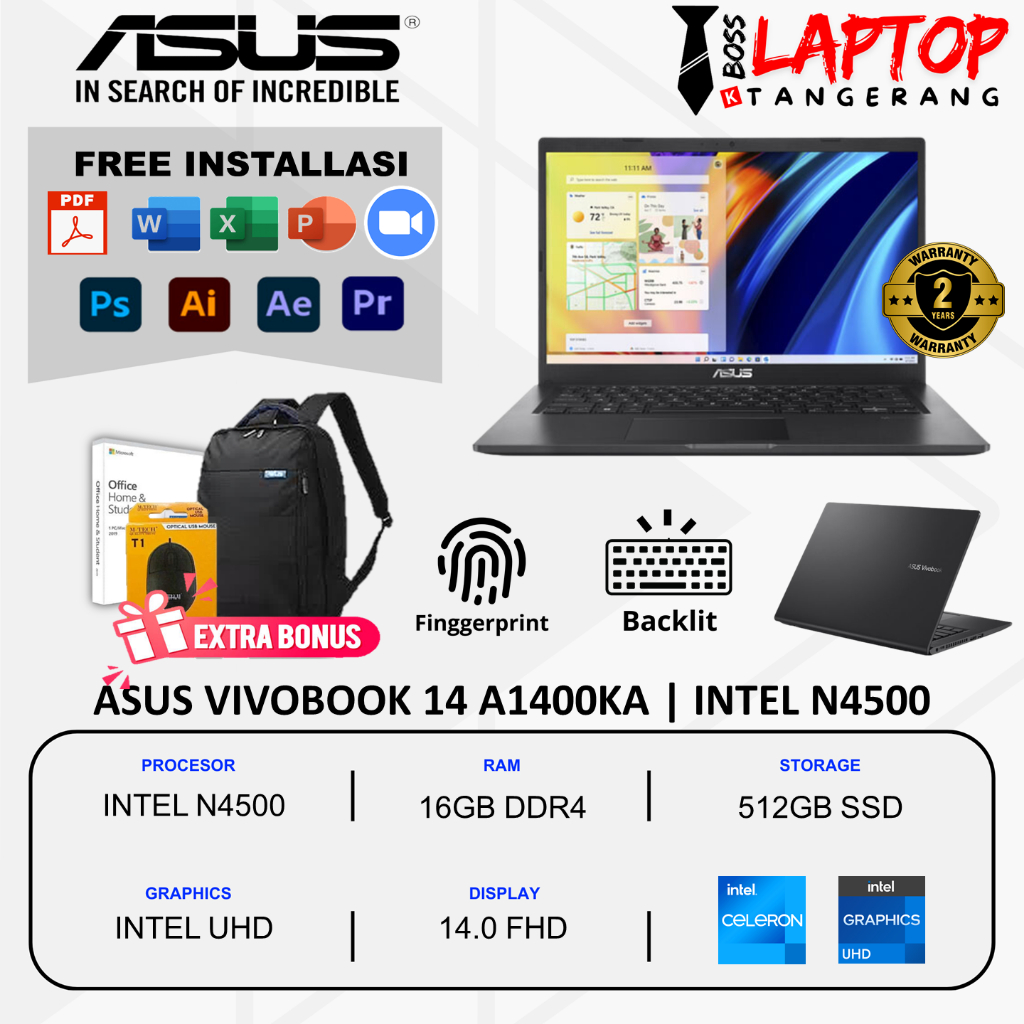 Jual ASUS VIVOBOOK A1400KA FHD4512 INTEL N4500 16GB 1 TB SSD 14.0 FHD ...