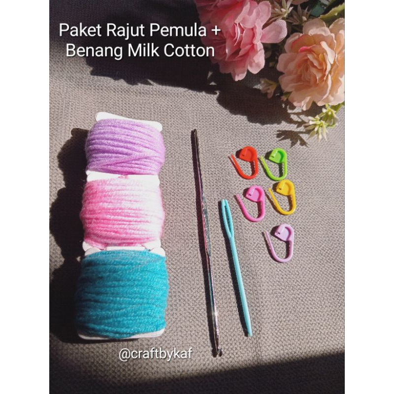 Jual Paket Rajut Pemula Kit Rajut Set Alat Rajut + Benang Milk Cotton 5 ...