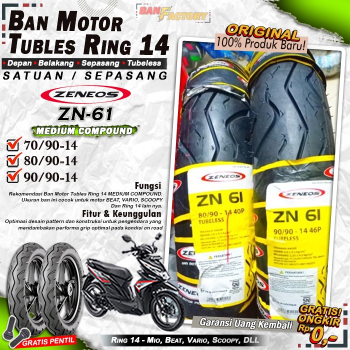 Jual Ban Motor Beat Zeneos ZN61 Ring 14 Tubles Ban Motor Tubeless Mio ...