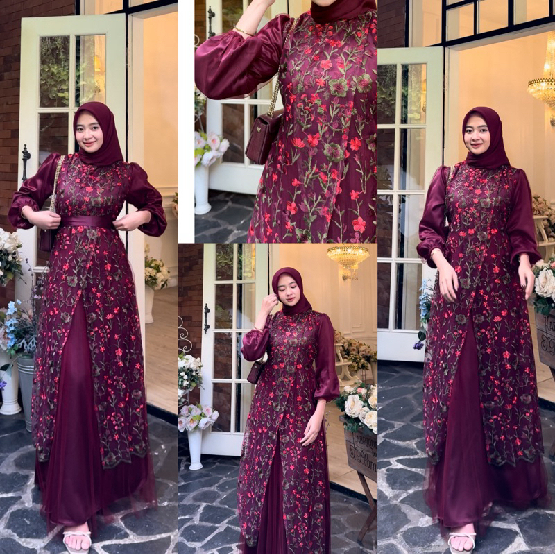 Jual Baju Gamis Wanita Muslim Nadine Dress Brukat Tille Garden Silk Premium Terbaru Pesta Mewah ...