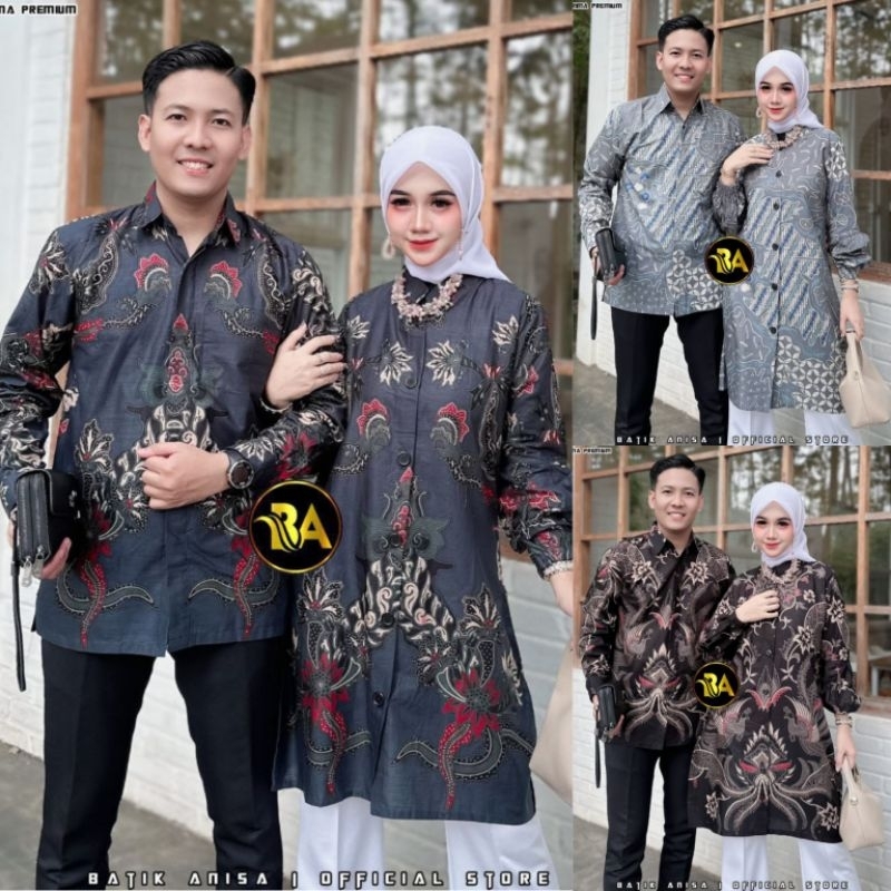 Jual Batik Tunik Couple Modern Set Pakaian Couple Kemeja Batik Lengan Panjang Atasan Batik ...