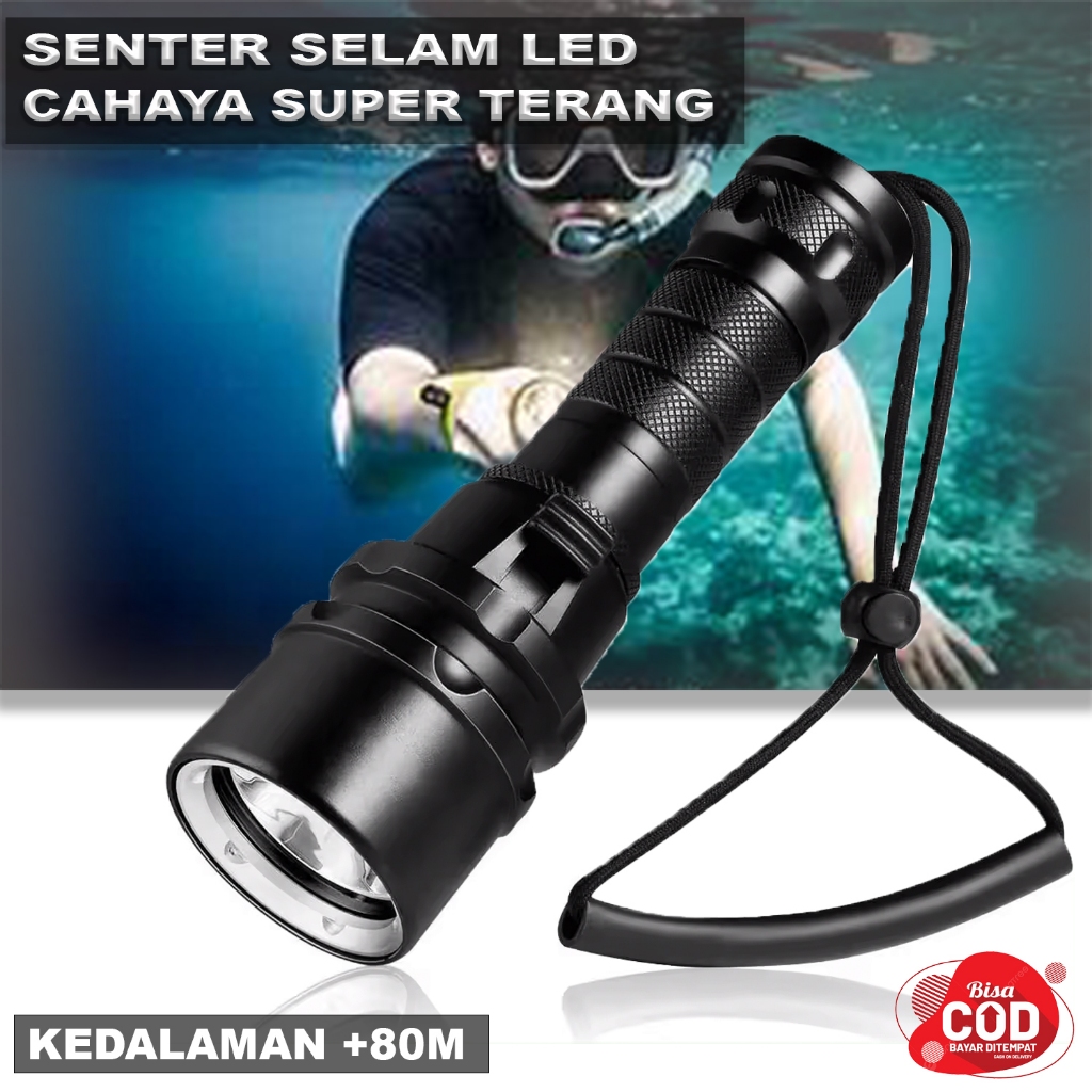 Jual Senter Selam LED Cahaya Super Terang Diving Flashlight 80M Paket Lengkap Box Senter + Cas ...