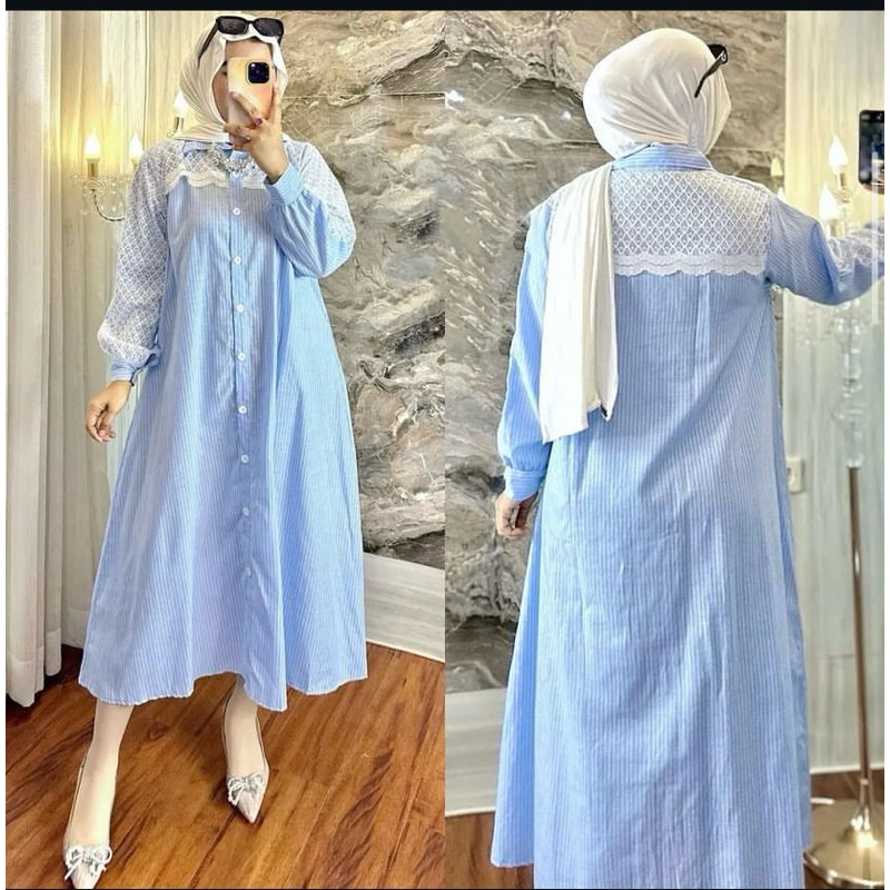 Jual Gaudi midi dress salur gamis motif garis-garis model terbaru 2024/gamis simpel viral ...