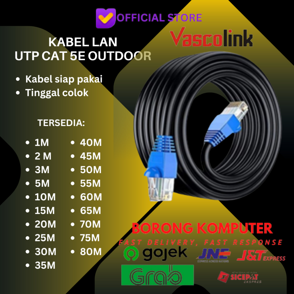 Jual Kabel LAN OUTDOOR VASCOLINK UTP CAT5 CAT 5E Siap Pakai HITAM 35M ...