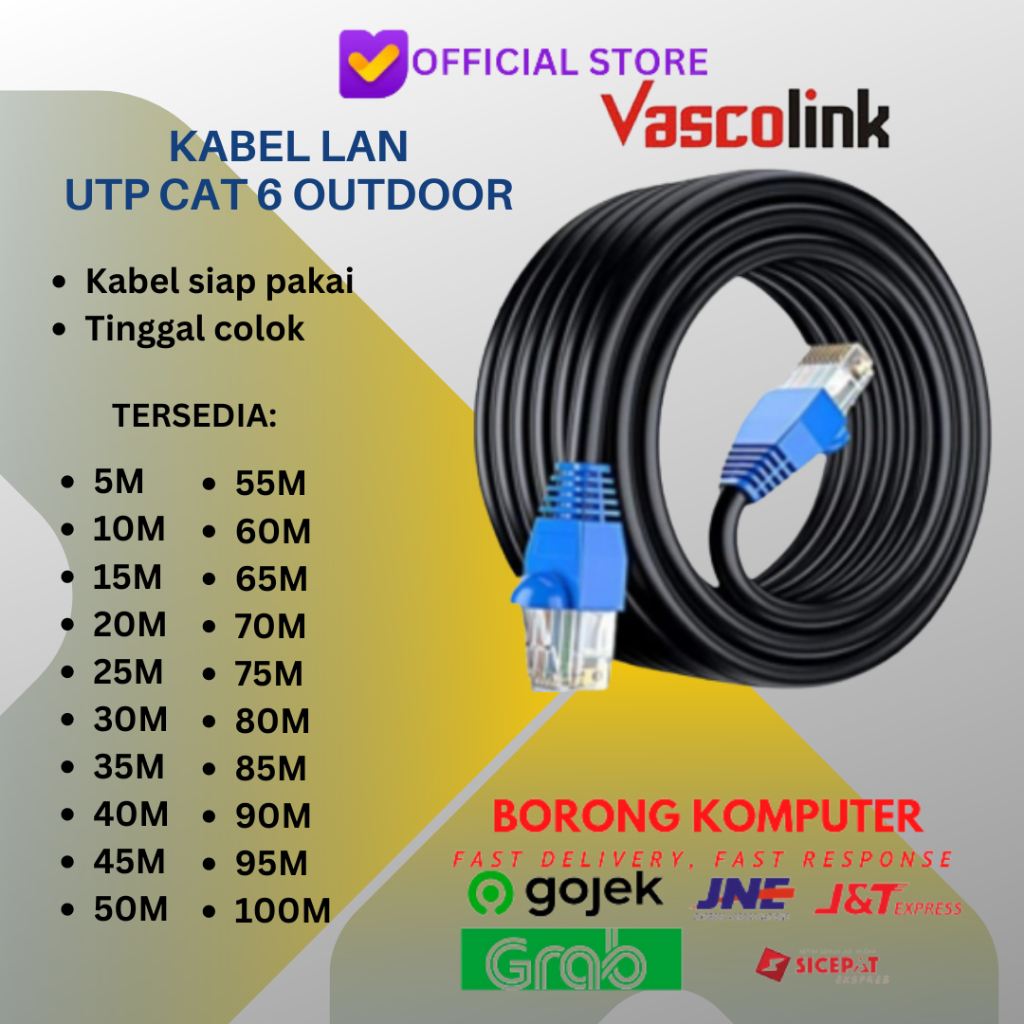 Jual Kabel LAN OUTDOOR VASCOLINK UTP CAT6 CAT 6 Siap Pakai HITAM 55M ...