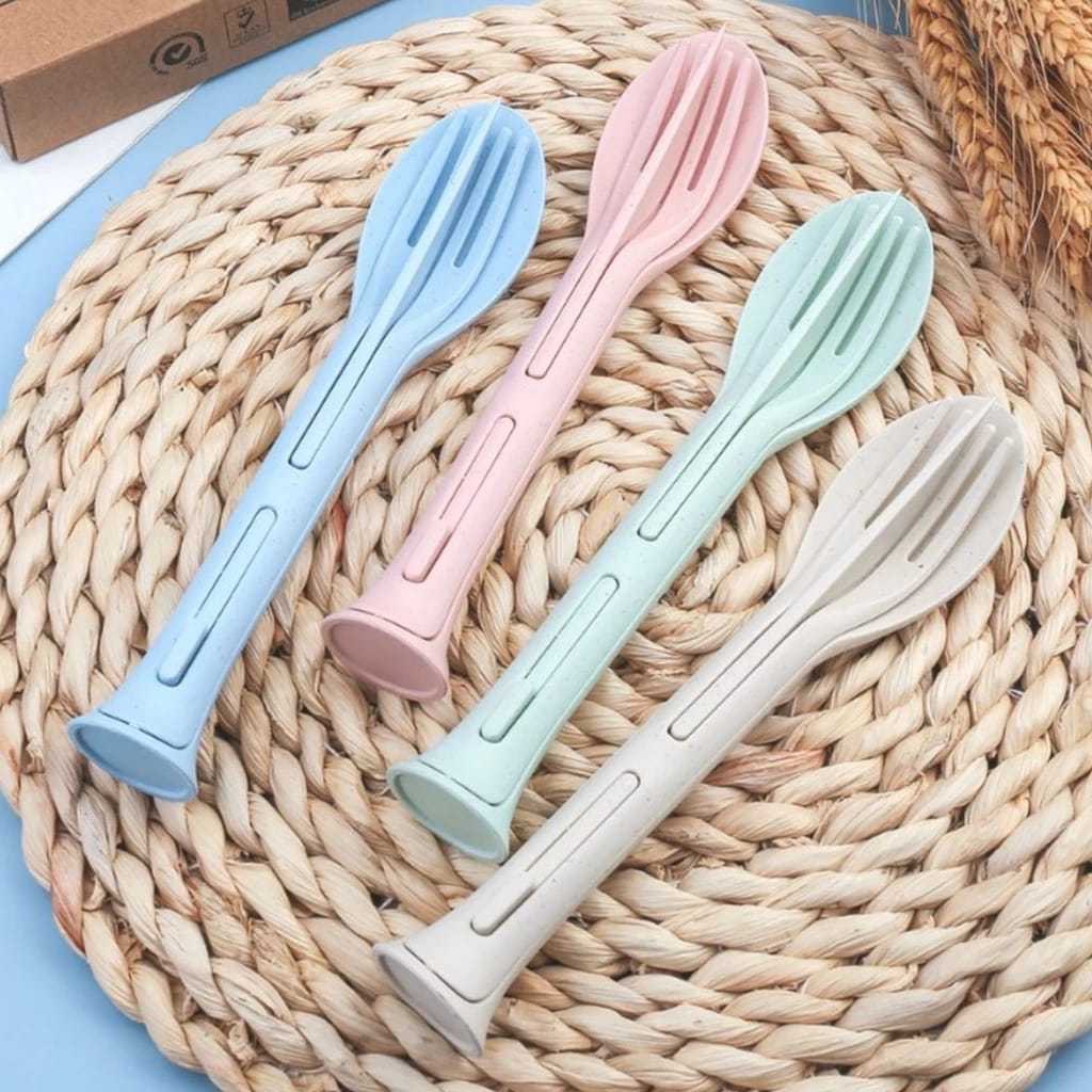 Jual Sendok Jerami Travel Set Sendok Garpu Pisau Travel Set 3in1 Alat ...