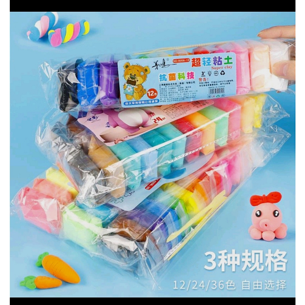 Jual Clay Warna Polymer Isi 12 pcs Super Clay Light rainbow Mainan ...