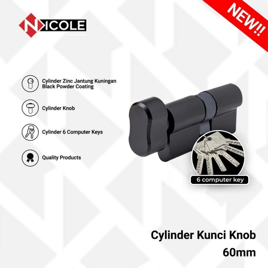 Jual Cylinder Kunci Besar 60mm Hitam Knob 6 Anak Kunci / Silinder Kunci ...