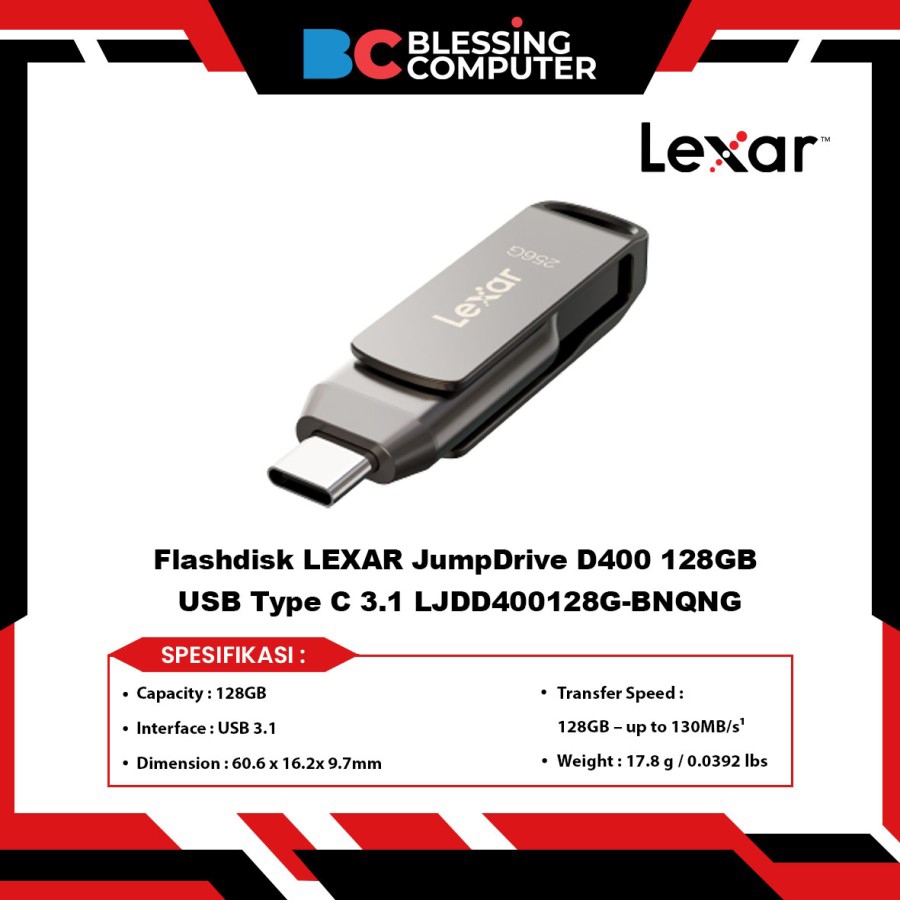 Jual Flashdisk LEXAR JumpDrive D400 128GB USB Type C 3.1 LJDD400128G ...