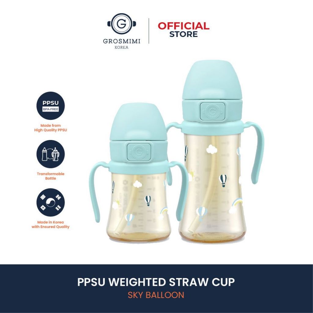 Jual GROSMIMI PPSU SKY BALLOON STRAW CUP 200/300ml with STEEL FREE ONE TOUCH CAP (Creamy Blue ...