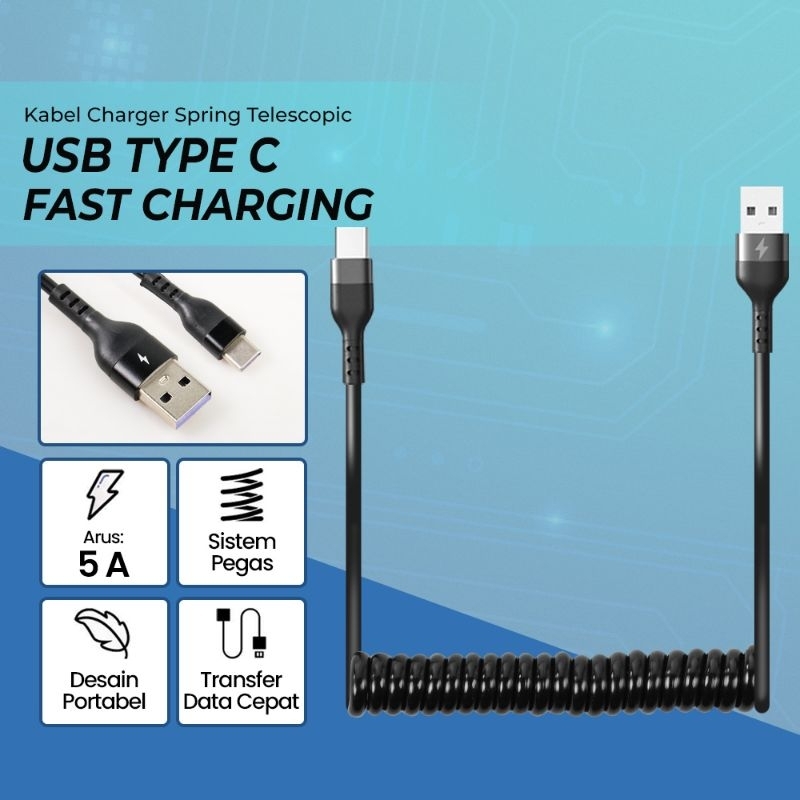 Jual Kabel Charger USB Type C Fast Charging Spring Cable 40W 5A 1M ...