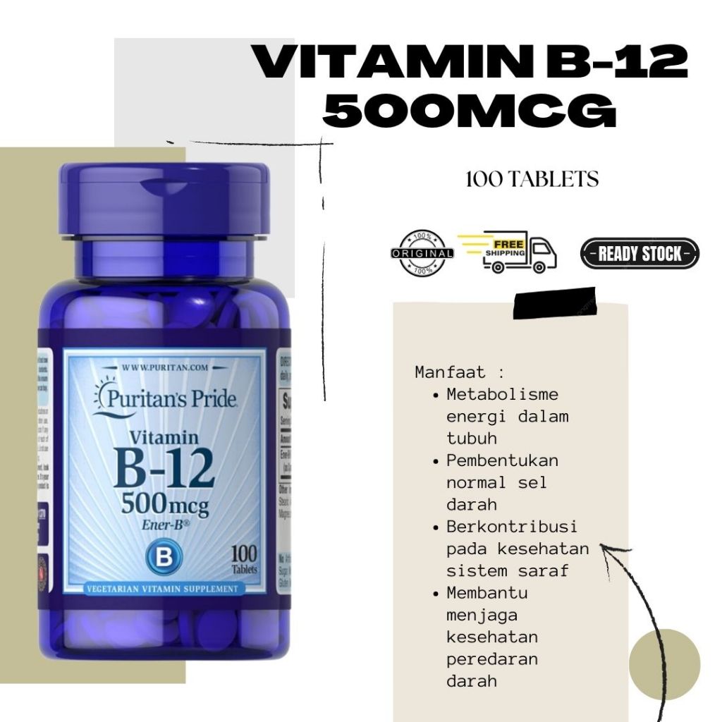 Jual Puritan's Pride Vitamin B-12 500 mcg 100 Tablets | Shopee Indonesia