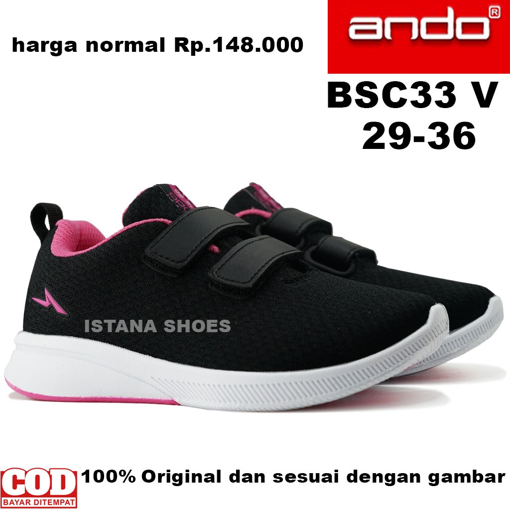 Jual Sepatu Sekolah Anak Laki Laki Perempuan SD ANDO BSC 33 Hitam Pink Sneakers Perekat PAUD TK ...