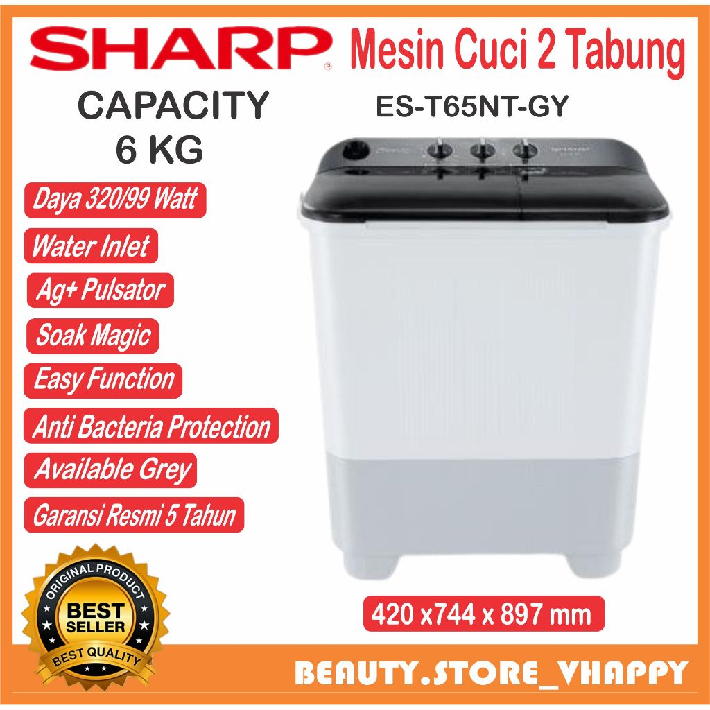 Jual Mesin Cuci 2 Tabung Sharp EST65NT 6KG Low Watt Cuci dan Kering ...