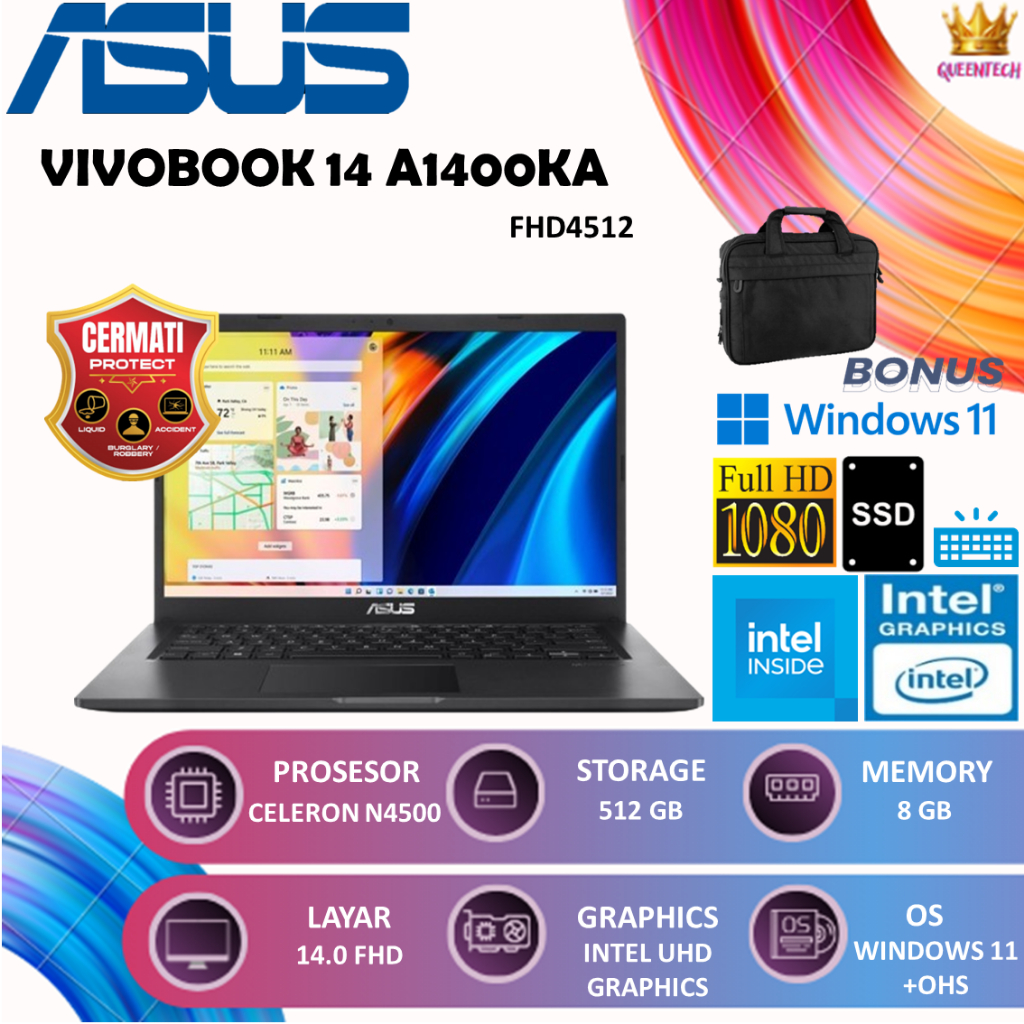 Jual Laptop ASUS VIVOBOOK 14 A1400KA N4500 8GB 512GB W11+OHS 14.0FHD ...