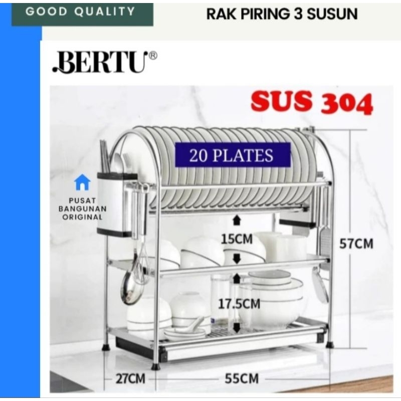 Jual RAK PIRING 3 SUSUN STAINLESS STEEL DISH RACK 20 PLATES 3 TIERS 55 ...