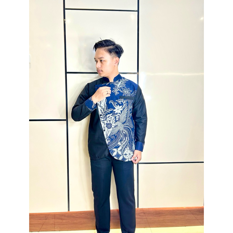 Jual batik beskap moderen seling navy katun halus | Shopee Indonesia