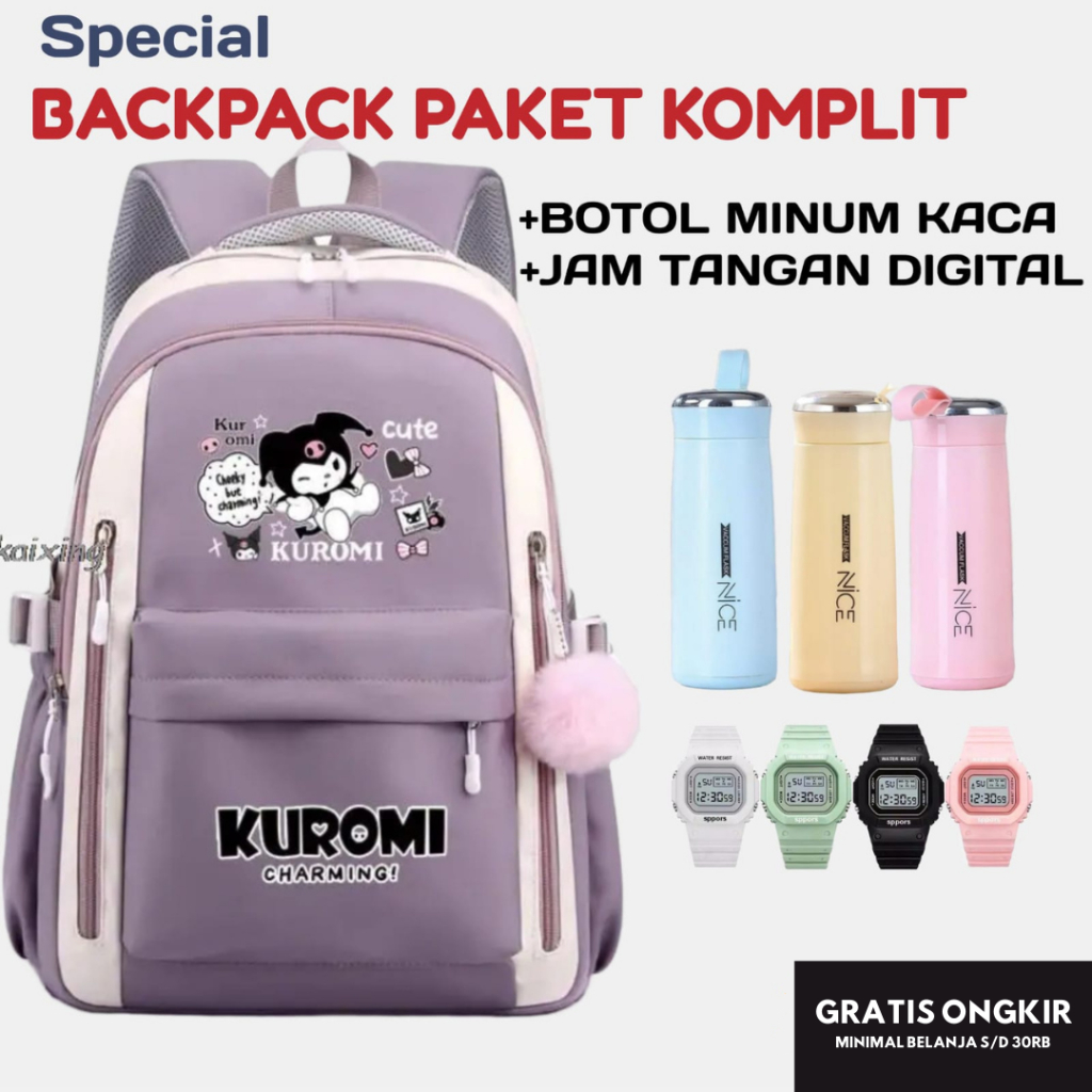 Jual Tas Ransel Anak Perempuan Kuromi Bags Tas Sekolah Anak SD SMP Free Botol Minum Jam Impor ...