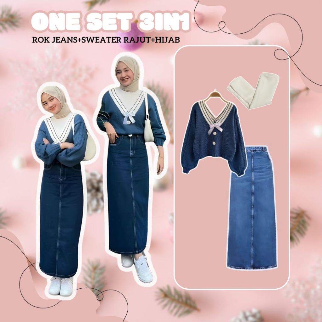 Jual 3in1 Setelan Wanita Remaja Cute Style Outfit Gemas (Sweater Rajut ...