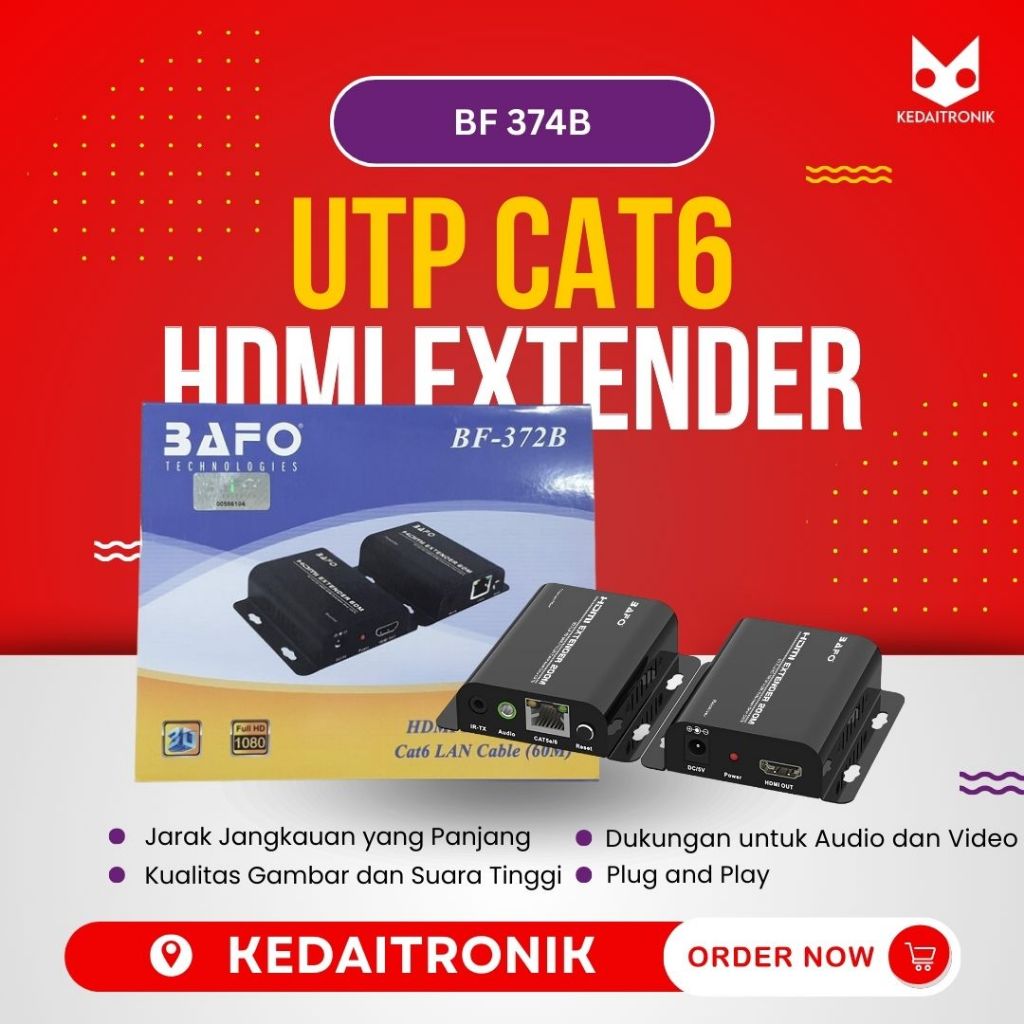 Jual HDMI Extender Via UTP Cat6 200 Meter BF-374B BAFO 374B 200M ...