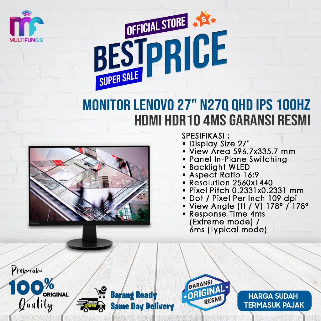 Jual Monitor Lenovo 27" N27q QHD IPS 100Hz HDMI HDR10 4ms Garansi Resmi ...