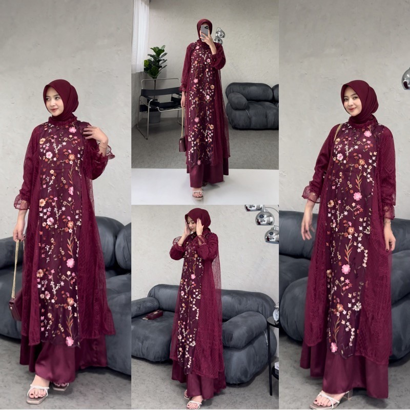 Jual NEW SERIES BURGUNDY !! Hana Dress Silk + Outer Kombinasi Tile Garden Premium Warna Burgundy ...