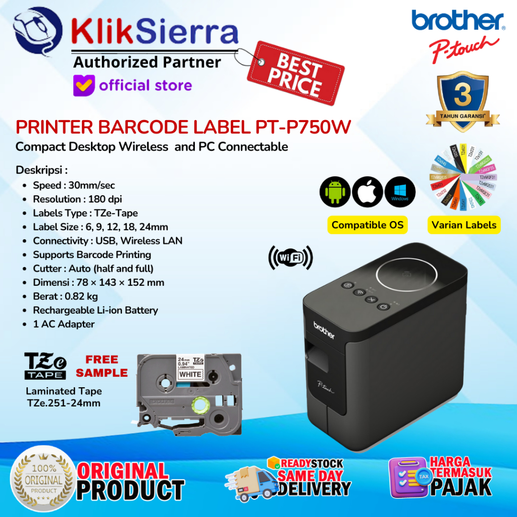 Jual BROTHER PT-P750W PTouch Printer Label Barcode PTP750 WiFi Garansi ...