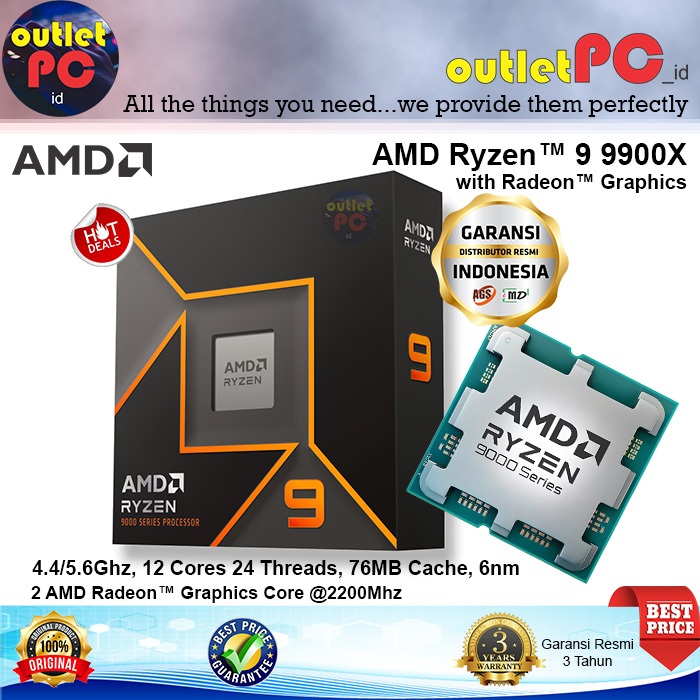 Jual AMD RYZEN 9 9900X AM5 ZEN5 4.4 / 5.6GHZ DDR5 12C/24T Granite Ridge ...