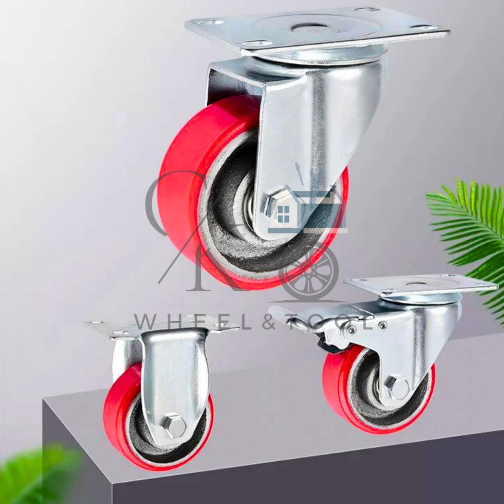 Jual RODA TROLY BESI ANTI KARAT PU BESI MERAH HEAVY DUTY DOUBLE BEARING ...