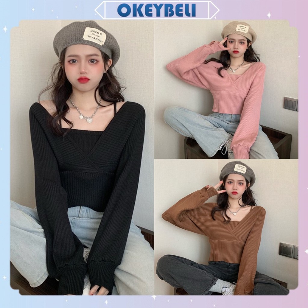 Jual •OKEY BELI•BJ1718 Baju Atasan Rajut Knit Lengan Panjang V-Neck Lengan Balon Sabrina Top ...